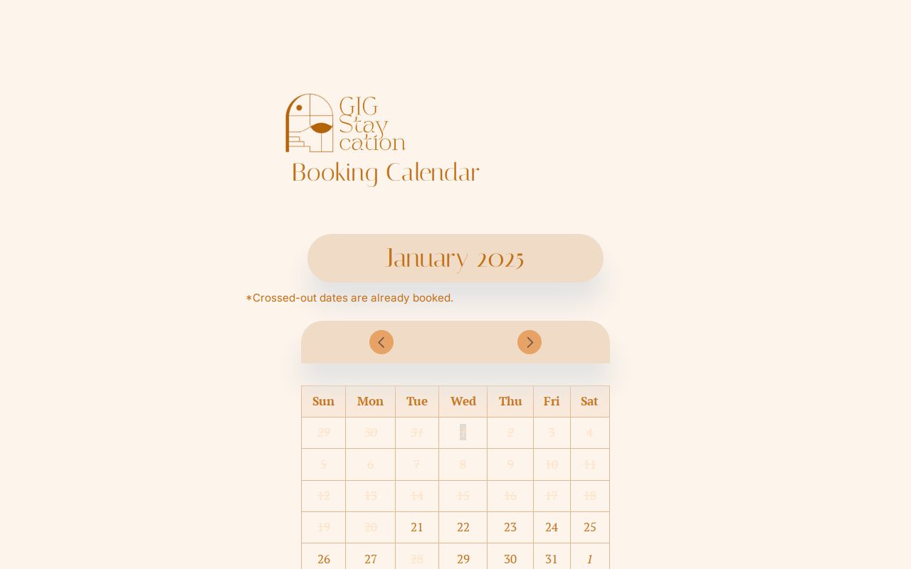 GIG Staycation Booking Calendar
